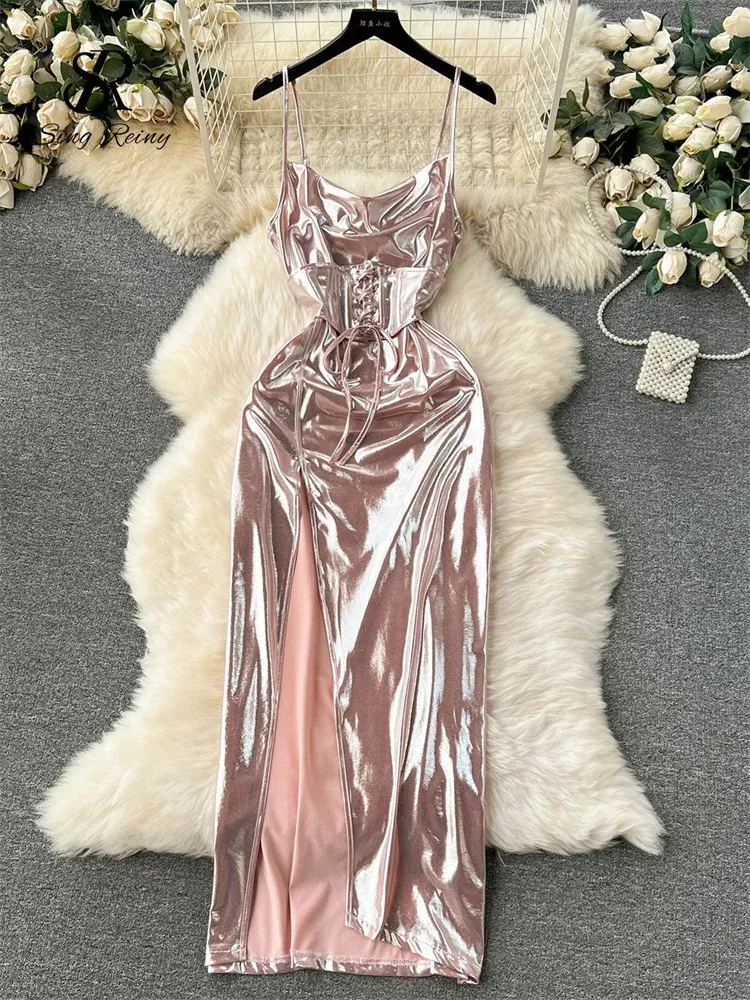 Singrny Itan Spaghetti Strap Split Long Dress - Women's Leather Lace-Up ...