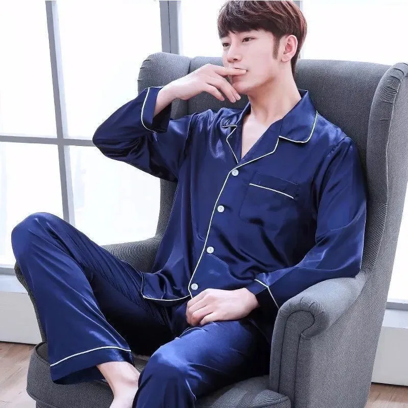 Elegant Acetate Mens Silk Pajama Sets Long Sleeve Button Sleepwear Home ...