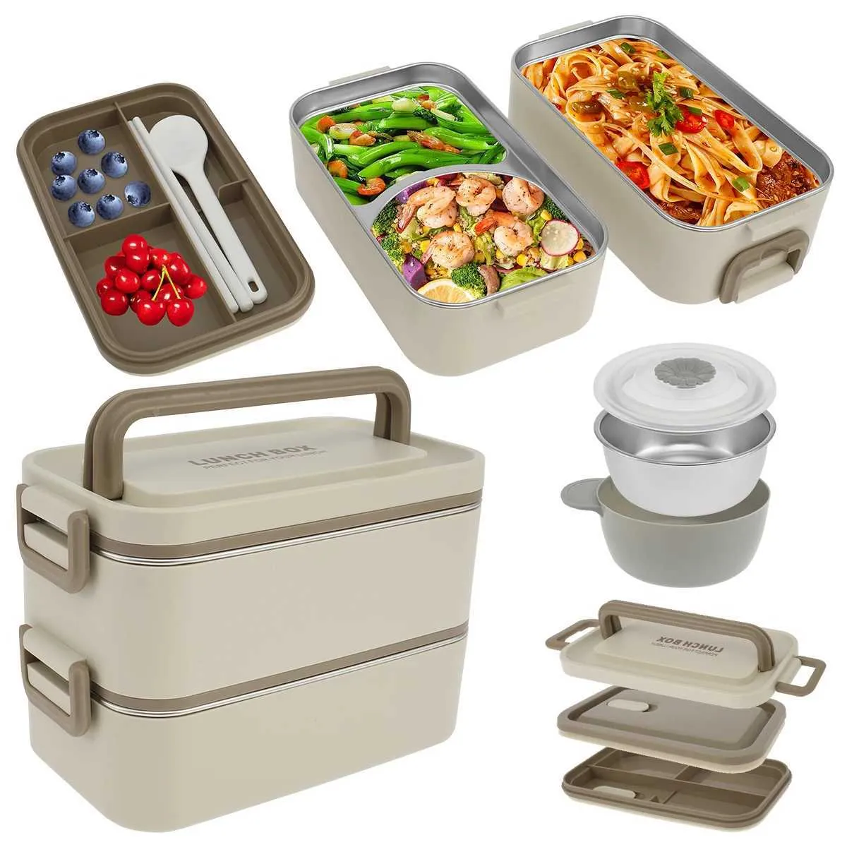 Stainless Steel 2 Tier Lunch Box With Sections Portable Microwavable ...