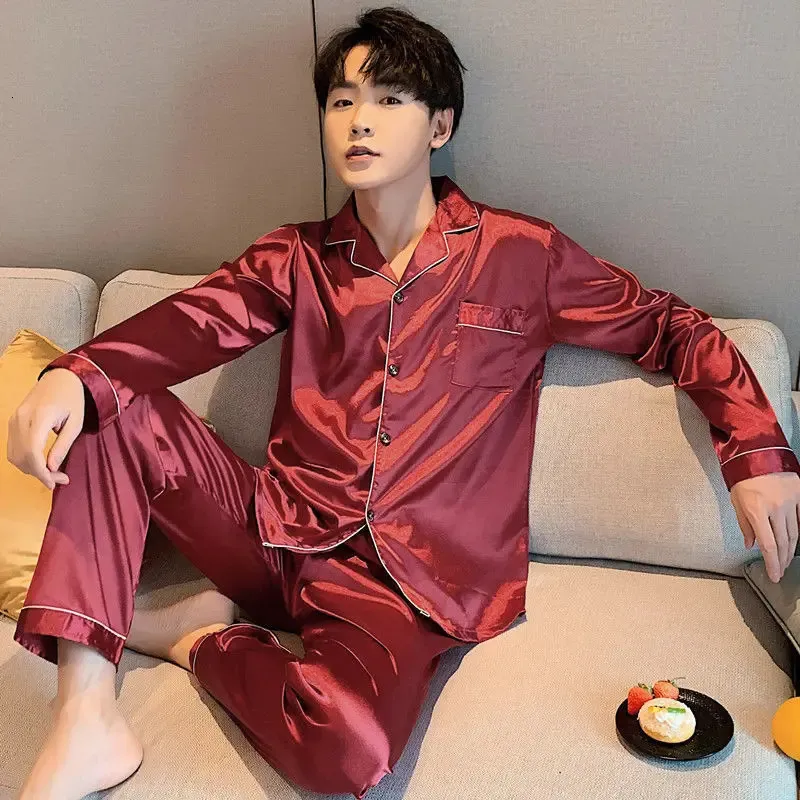 Elegant Acetate Mens Silk Pajama Sets Long Sleeve Button Sleepwear Home ...
