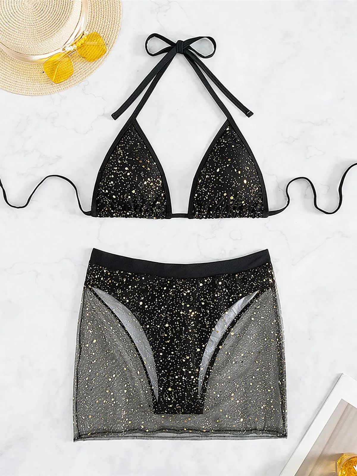XS L Glitter Sparkling Halter Skirt Bikini Female Swimsuit Women ...