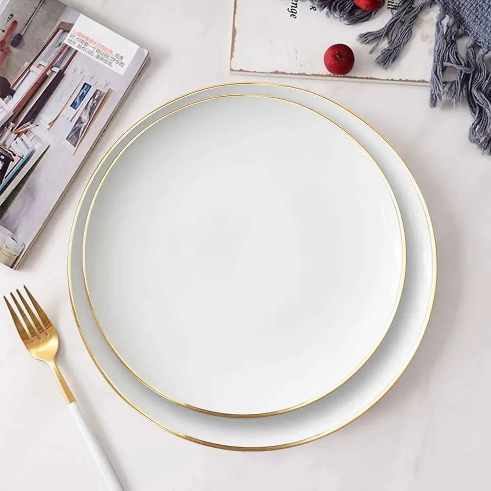 Luxury Gold Edge Bone China White Dinner Plate Set Pure White Porcelain ...