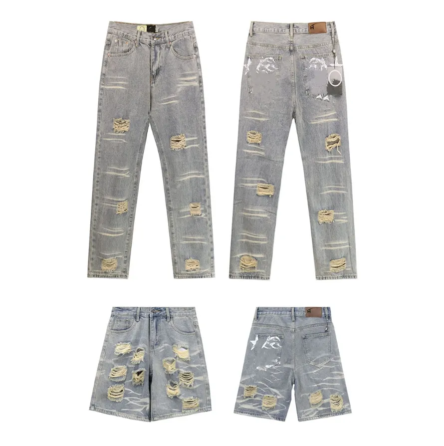 Designer Mens Jeans Vintage Washed Ripped Denim Shorts With Graphic ...