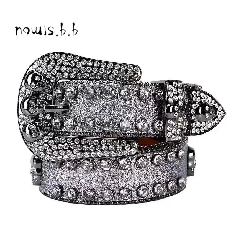 Belt for Woman Man BB Belts Shiny Diamond Waistbands White Beaded Skull ...