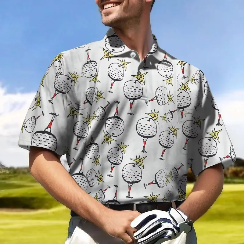 3D Printed Golf Ball Polo Shirt For Men Colorful Pattern Short Sleeve ...