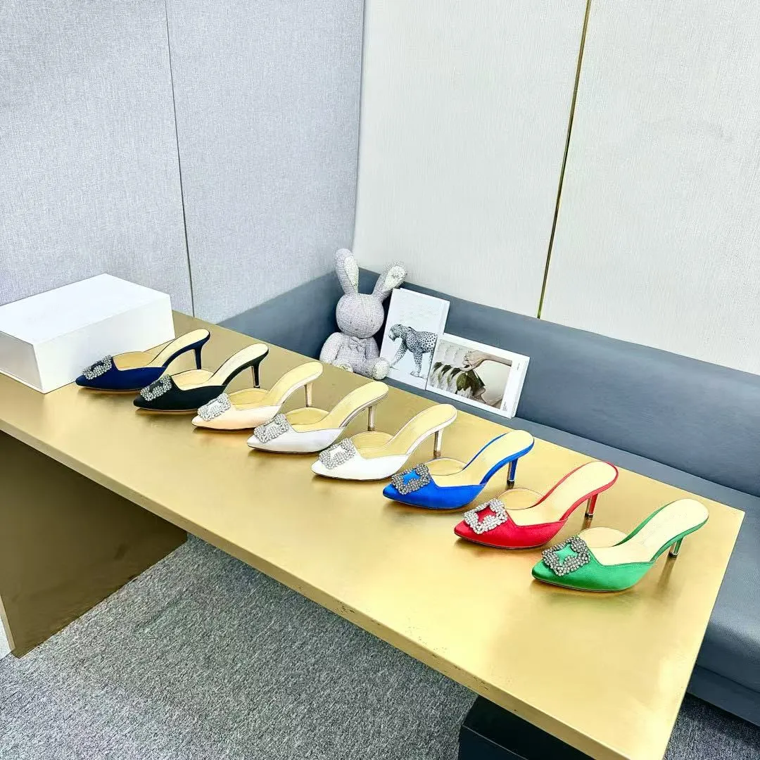 Designer High Heels Slippers For Women Pointed Diamond Heel Leather ...