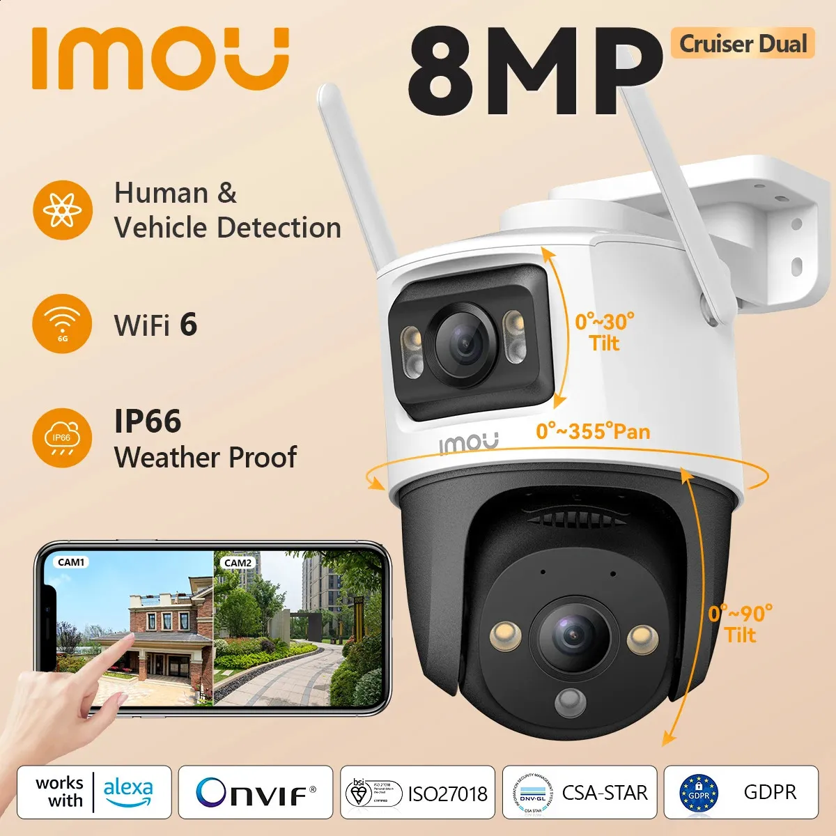 Imou Cruiser Dual 8MP Dual Lens Outdoor PT Camera - AI Human and Vehicle Detection Home Security ...