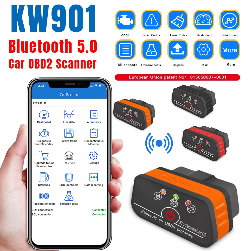 KONNWEI KW901 ELM327 V1.5 Bluetooth 5.0 OBD2 Scanner for Android iOS ...