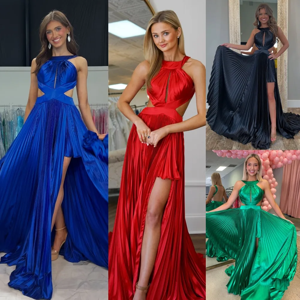 Red Prom Dress With Slit Keyhole Halter Satin Gown Backless, Side ...