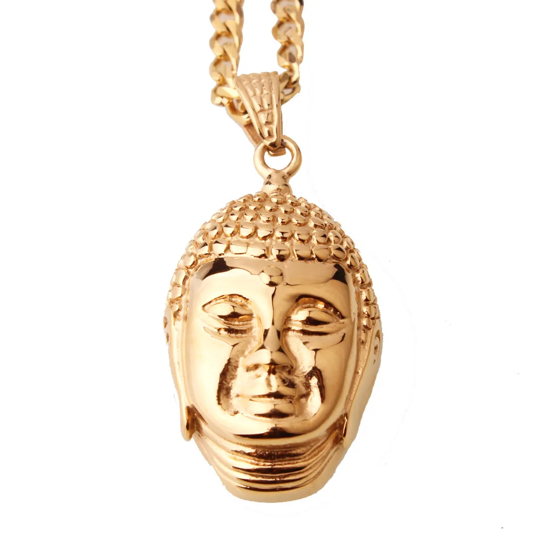 Gold Buddha Head Pendant Necklace For Men Hip Hop Stainless Steel Chain ...