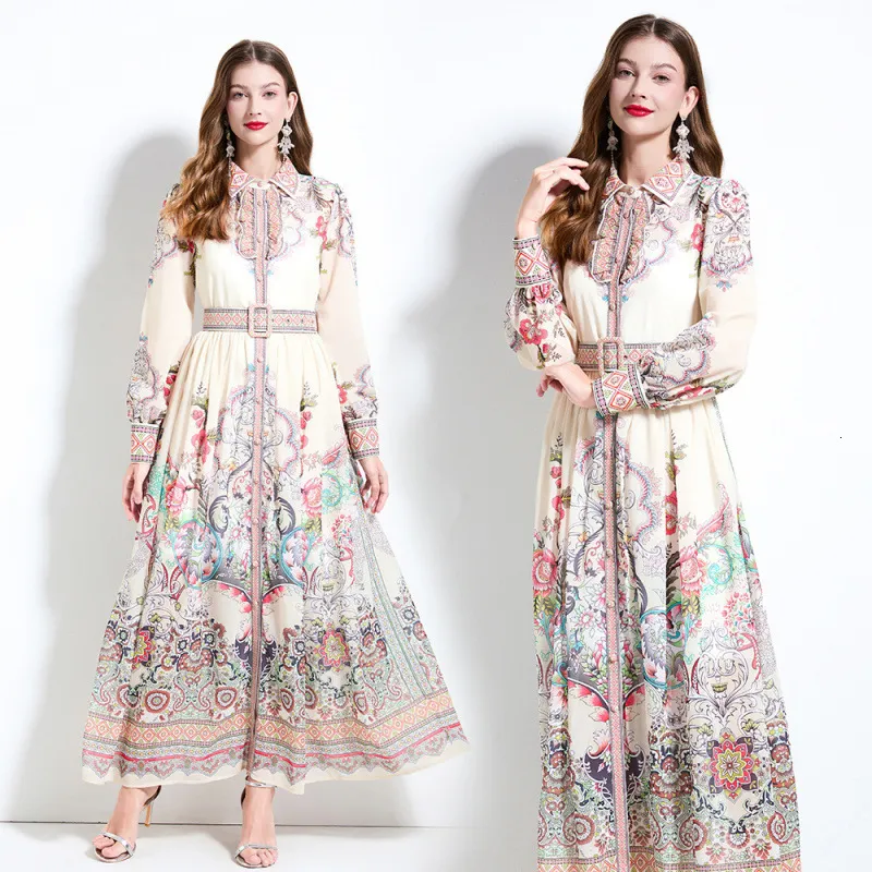 Vintage Stand Collar Long Lantern Sleeve Chiffon Maxi Dress with Flower ...