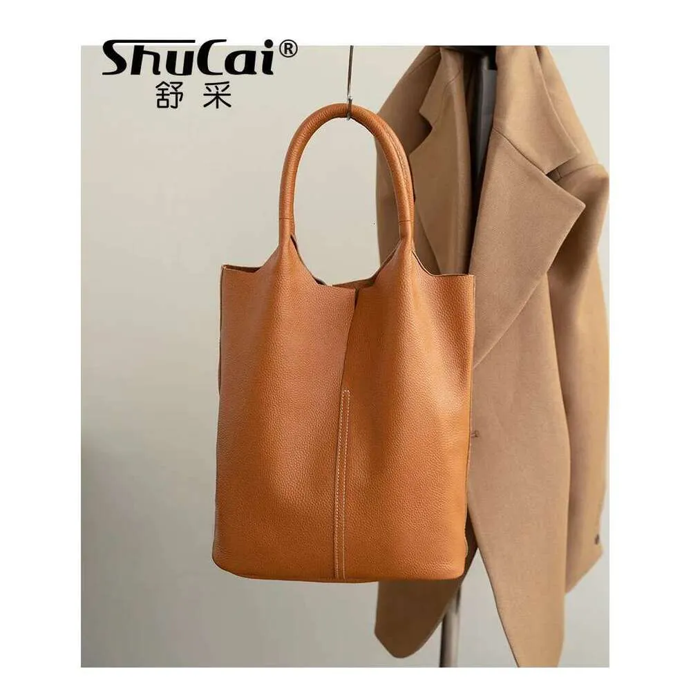 Large Genuine Leather Bucket Shoulder Handbag for Women with Two ...
