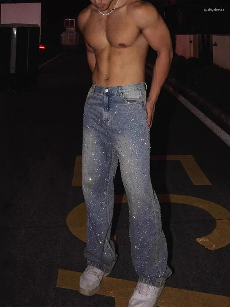 Men's Pants Luxury High Waist Sparking Rhinestones Denim Jeans Pant ...