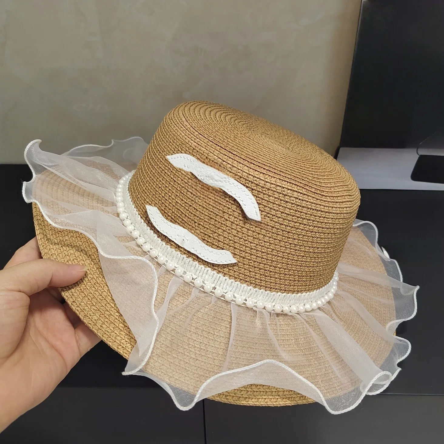 Elegant Woven Sun Hat Net Contrast Design, Rhinestone Accents, Wide ...