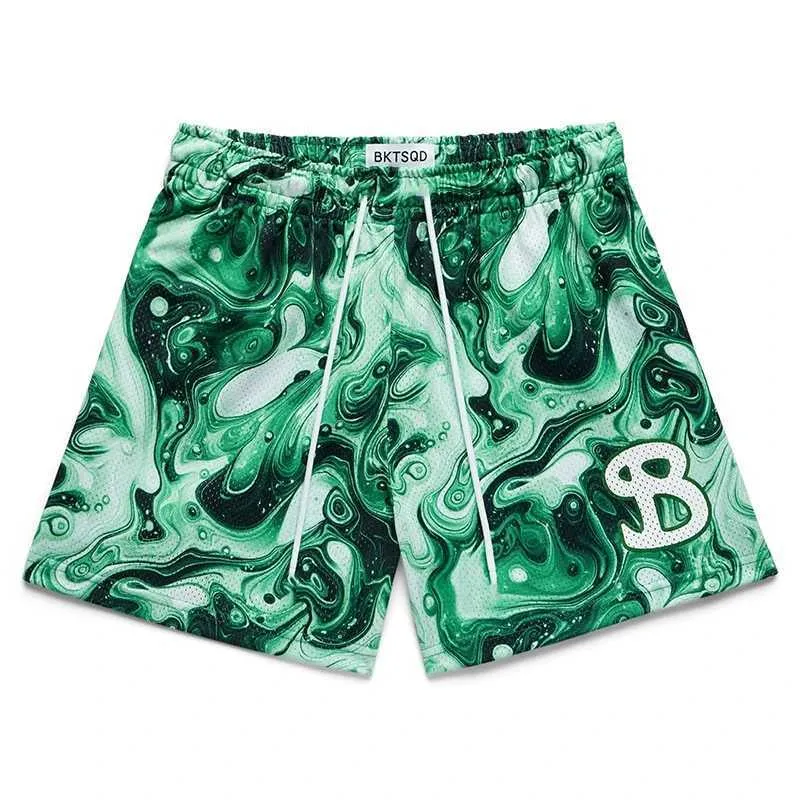 BKTSQD Men's Green Marbled Mesh Basketball Shorts – Quick Drying Loose ...