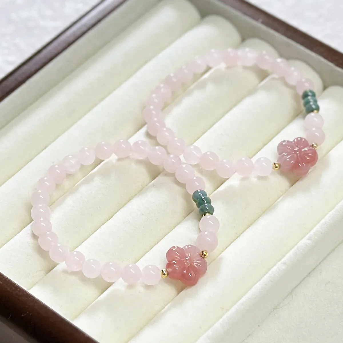 6mm Natural Pink Crystal Jade Beaded Strand Bracelet for Women, Flower ...