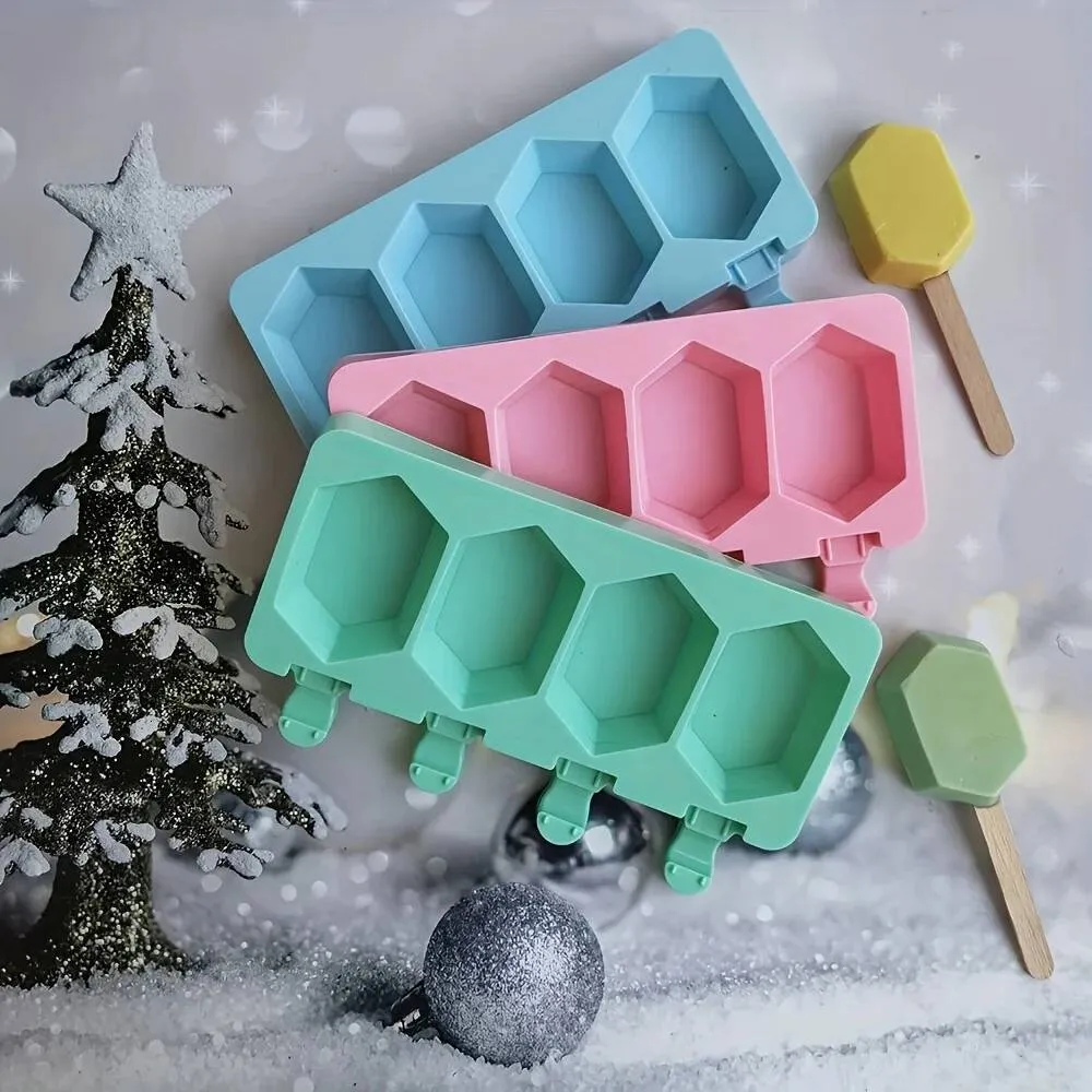 3 Pack Hexagonal Silicone Ice Cream Bar Molds With 20 Wooden Sticks ...