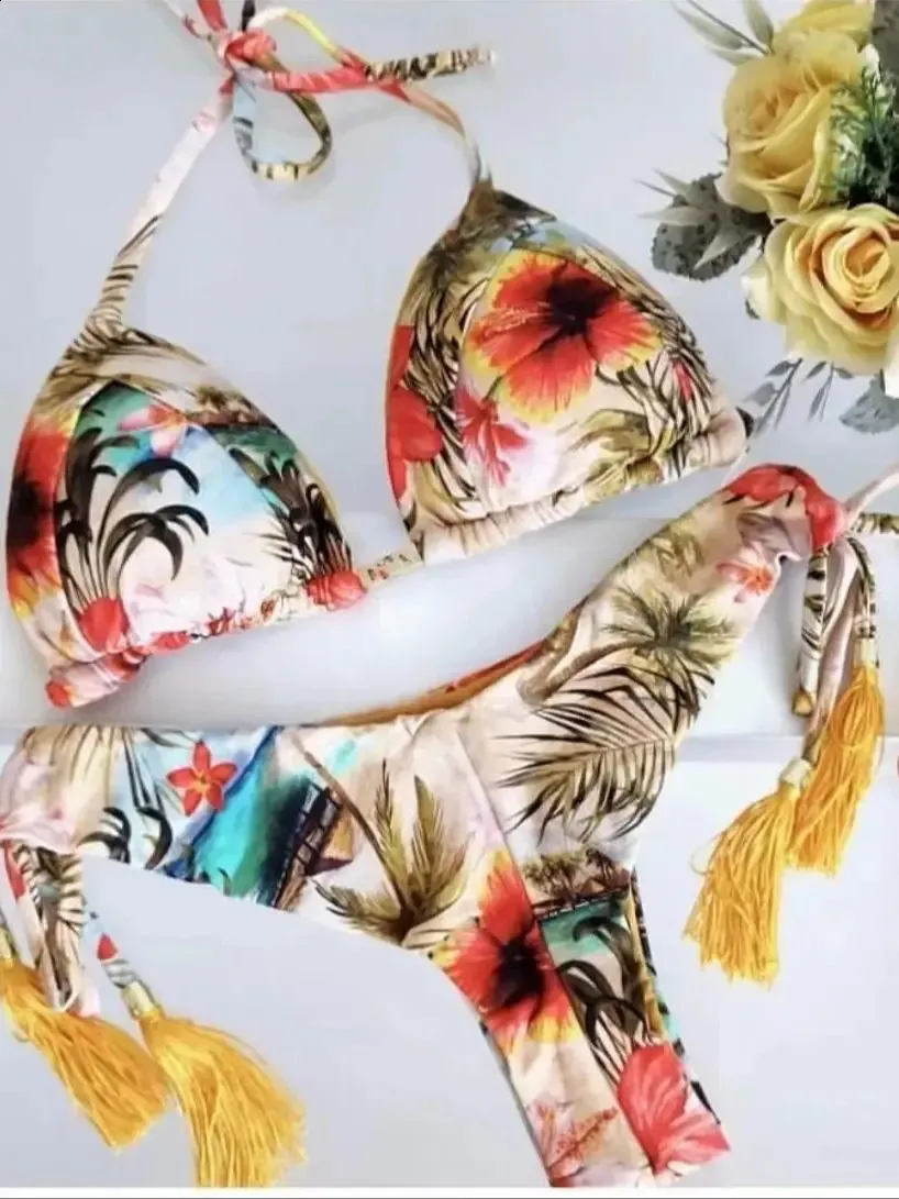 Botanical Print Two Piece Swimsuit Sexy Triangle Halter Bikini Set For ...