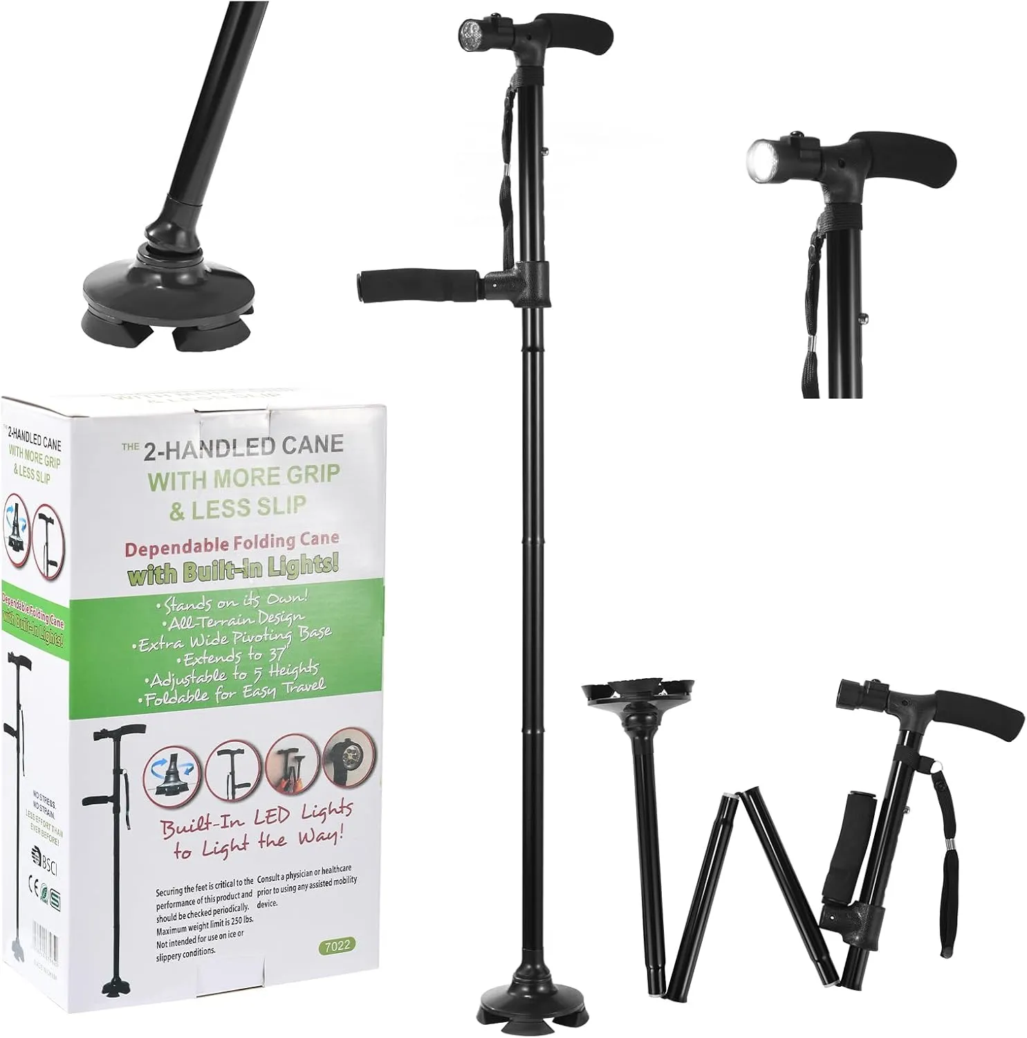 Folding Cane With LED Light And Side Handle Adjustable Crutches For ...