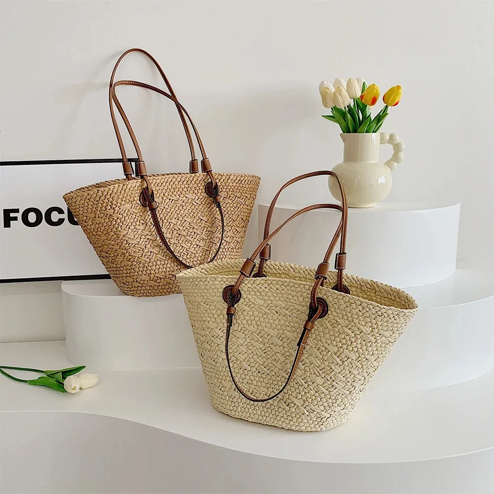 Straw Woven Tote Bag PU Material Zipper Closure Mini Size Plain Pattern ...