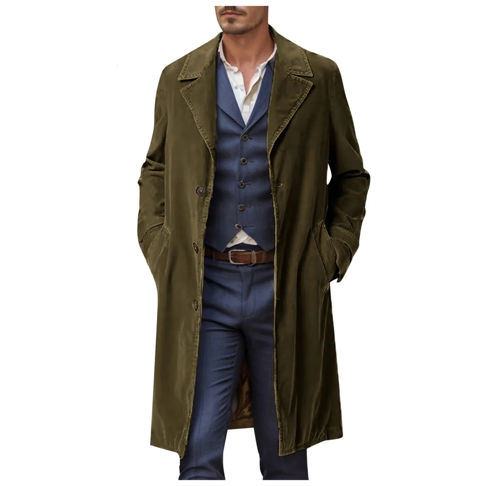 Men's Autumn Stylish Long Length Windbreaker Corduroy Solid Color Lapel ...