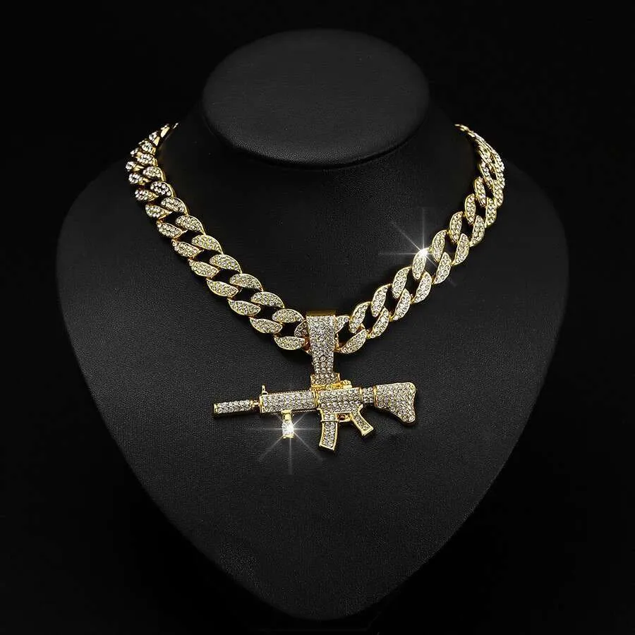 Men's Hip Hop Dia Encrusted Gun Pendant Gold Diamond Cross Necklace ...