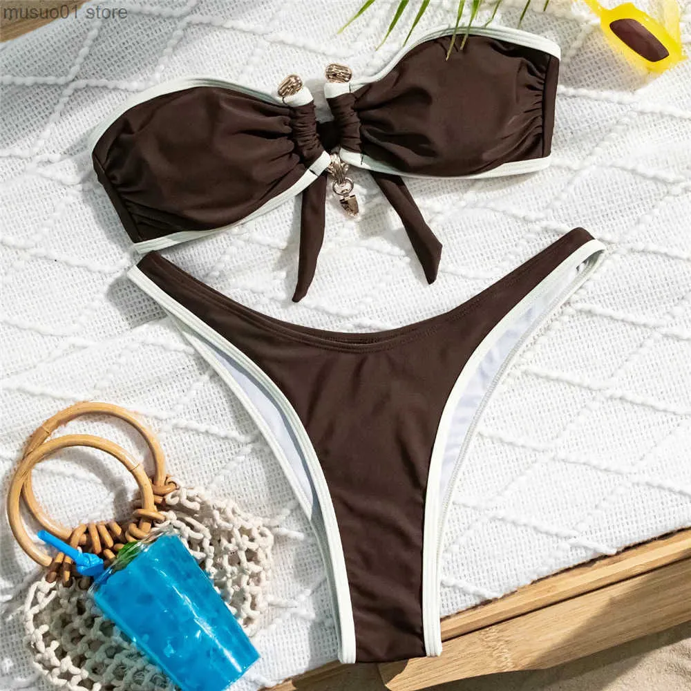 2025 Sexy Brown Bandeau Bowknot Bikini With Metal Buckle And High Cut ...