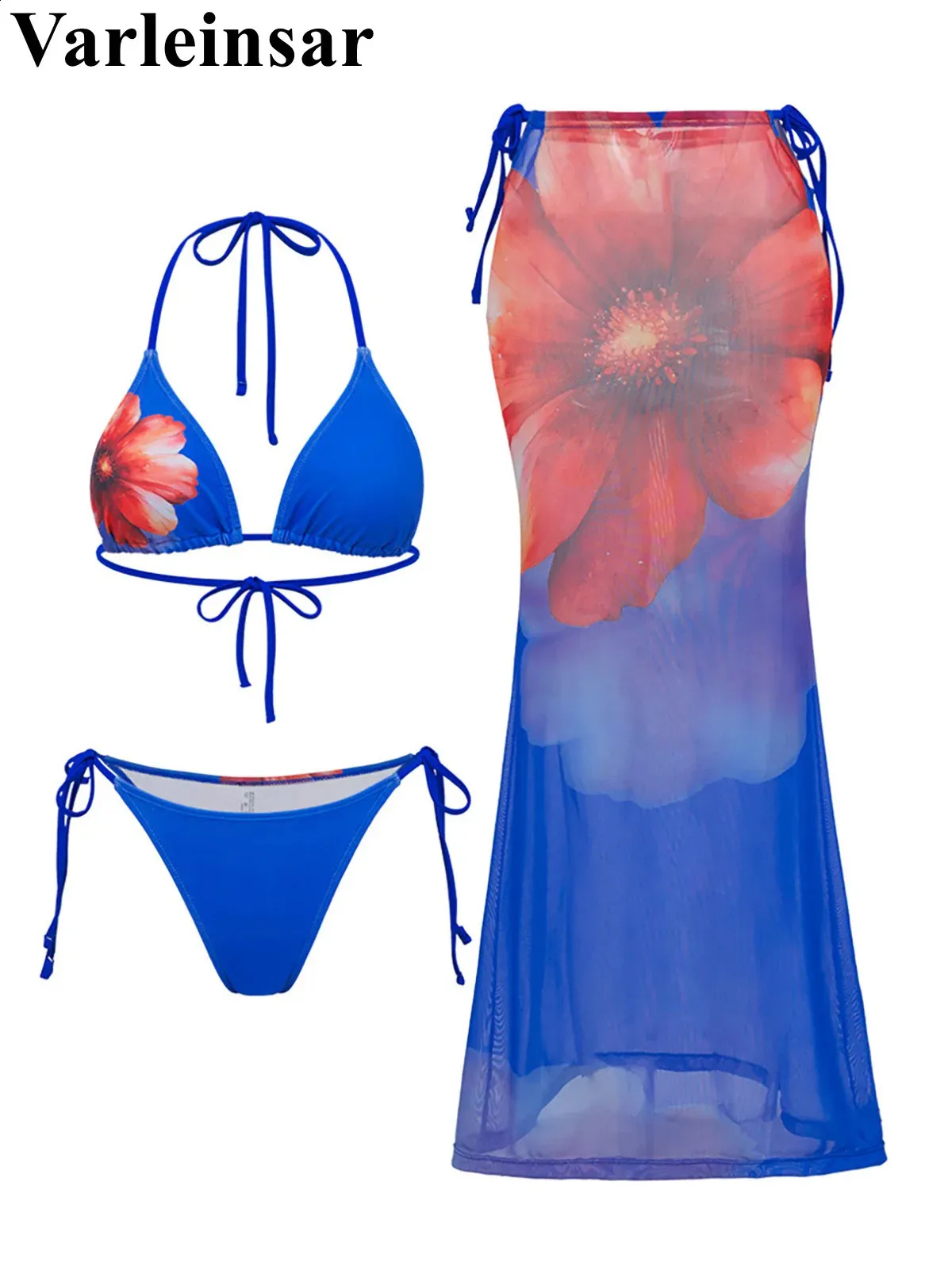 With Skirt Flowers Floral Halter Bikini Women's Swimwear Female ...