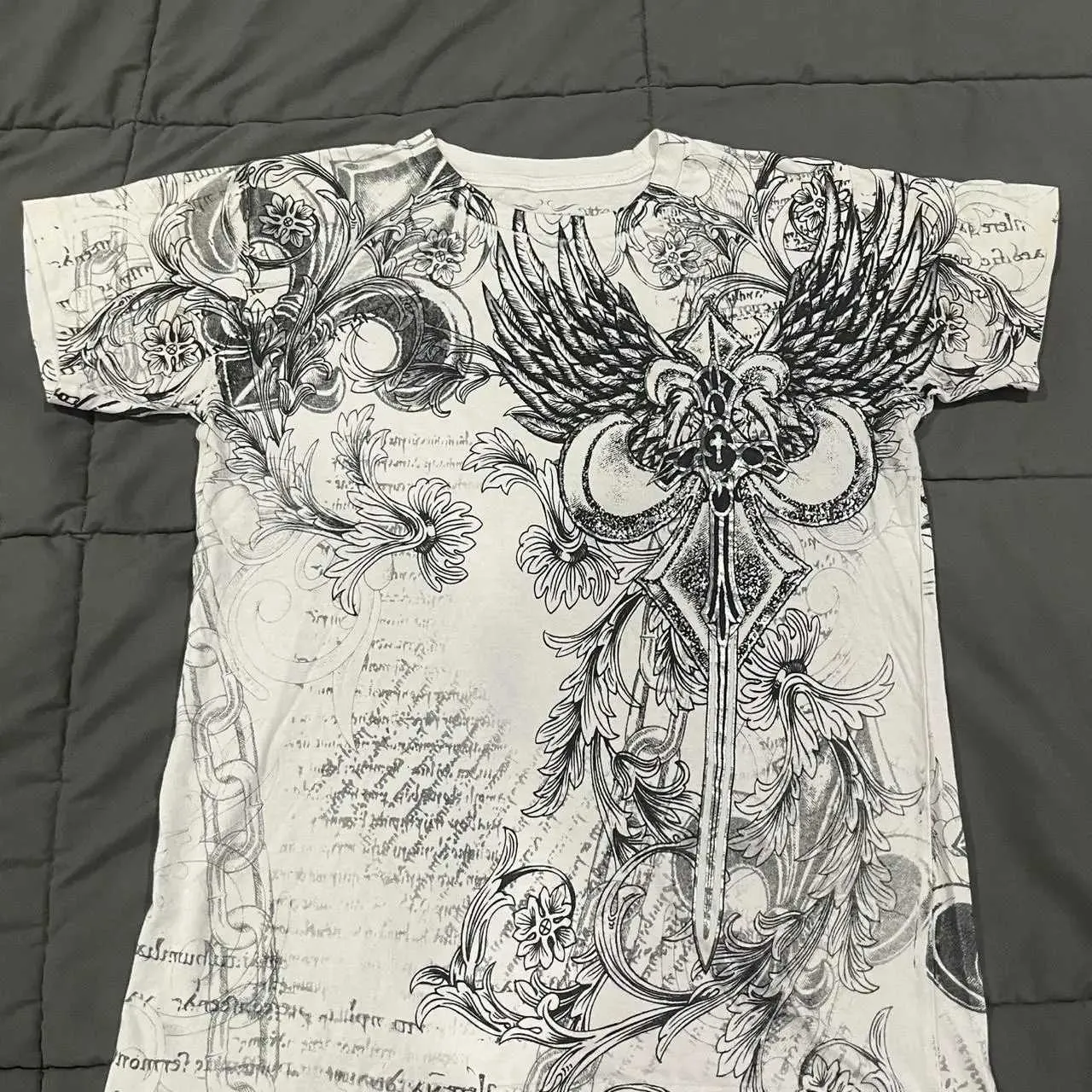 Mens White And Grey T Shirt Double Sided Printed Pattern Hip Hop Y2k ...