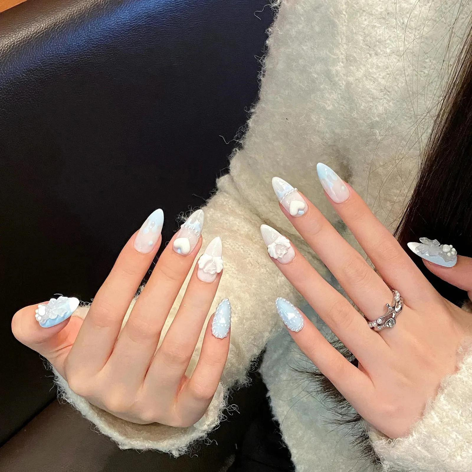 Handmade Press On Nails Light Blue Cute Bear Cat Claws Design, French ...
