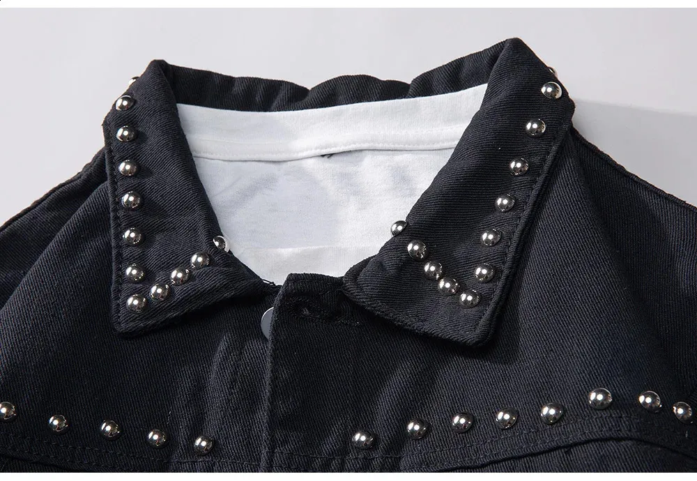 Men's Black Rivet Denim Jacket Loose Fit Cotton Jean Coat Punk Style ...
