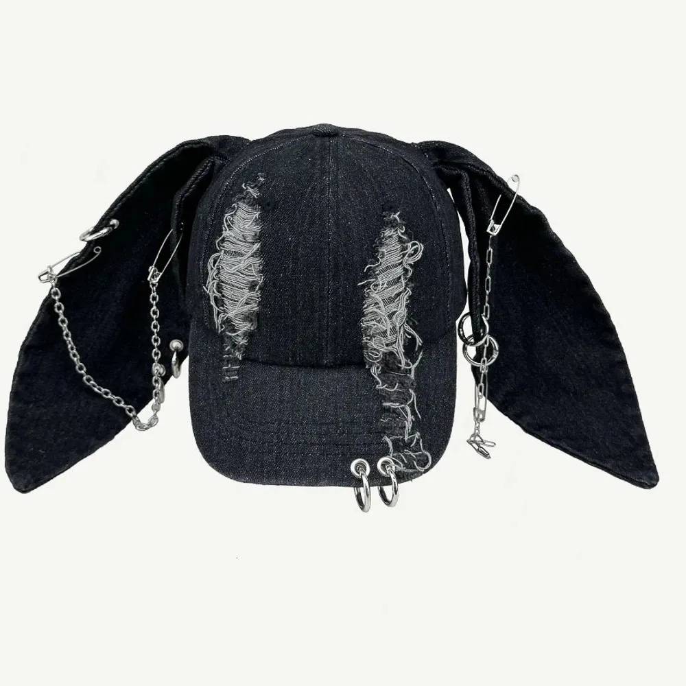 Niche Y2k Rabbit Ears Denim Ripped Baseball Cap for Men and Women, Dark ...