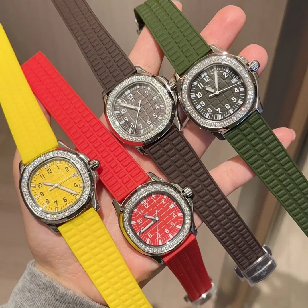 AQUANAUT diamond women's 35.6mm stainless steel case red rubber strap ...