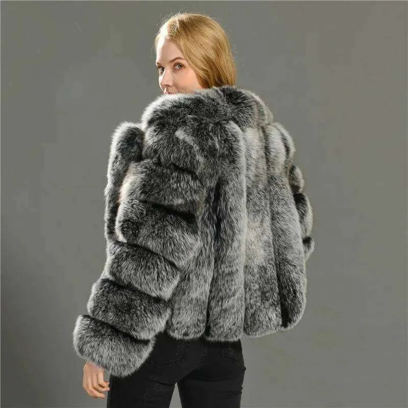 New Elegant Splice Mink Women's Faux Fox Grey Fur Coat With Thick Warm ...