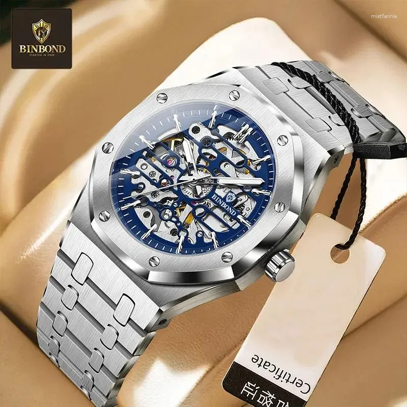 BINBOND Mechanical Skeleton Wristwatch Men Stainless Steel Band Quartz ...