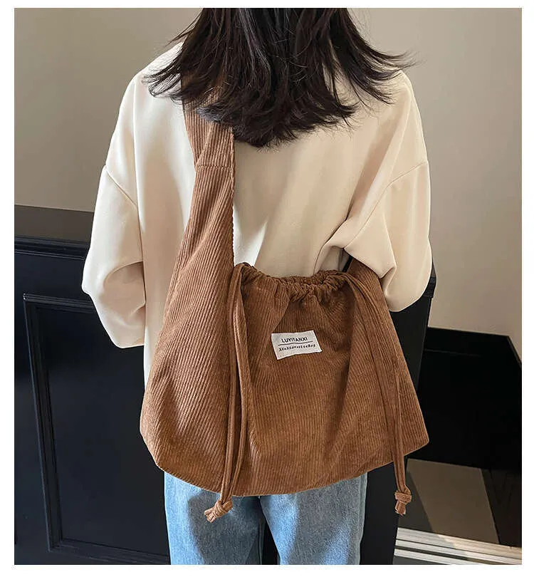 Corduroy Shoulder Tote Bag for Women Large Capacity Half Moon Shape ...