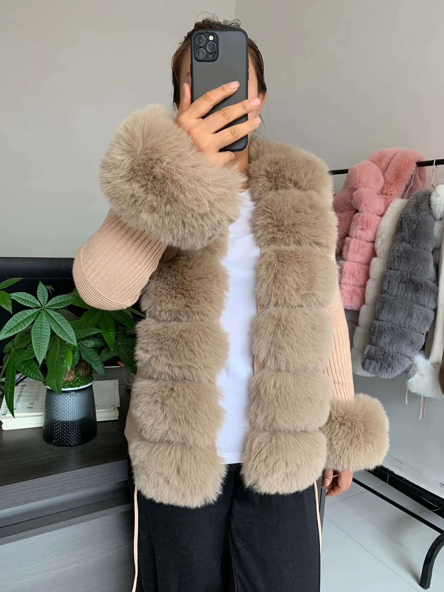 Women Faux Fur Knit Sweater Cardigan with Faux Fox Fur Collar Black ...
