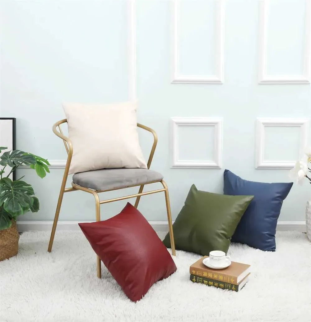 Pillow Case Faux Leather Cushion Cover Modern Solid Decorative Pillow ...