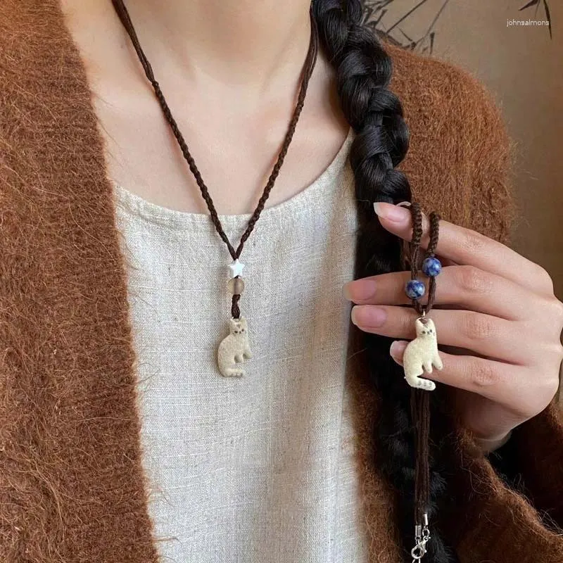 Cat Chain Necklace Vintage White Plush Cat Pendant with Brown Rope ...