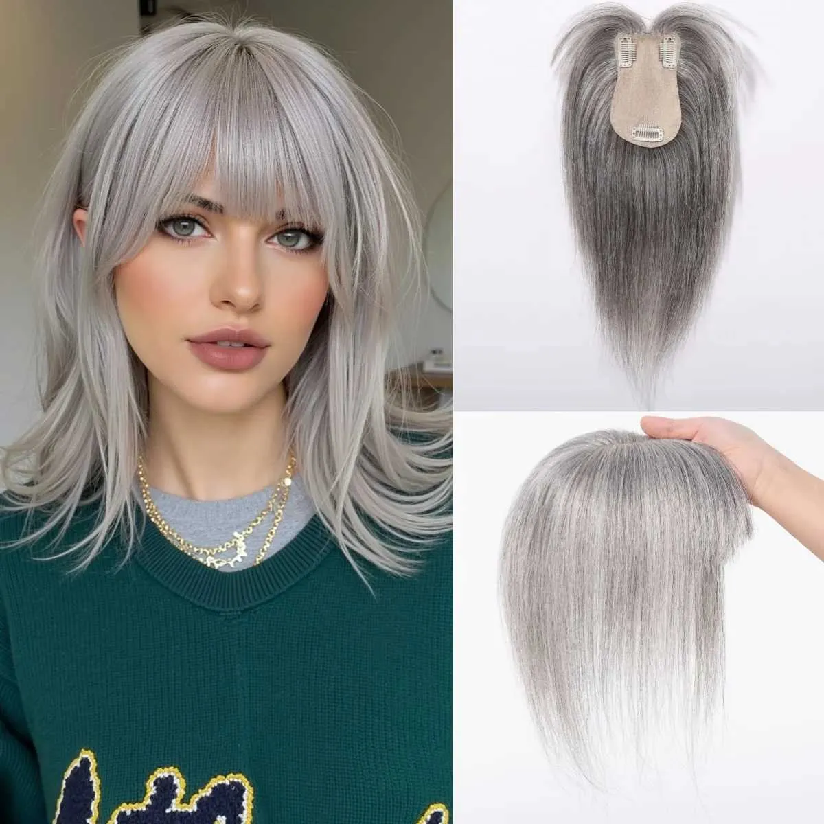 10inch Silver Grey Remy Human Hair Toppers with Bangs Silk Base 3 Clips ...