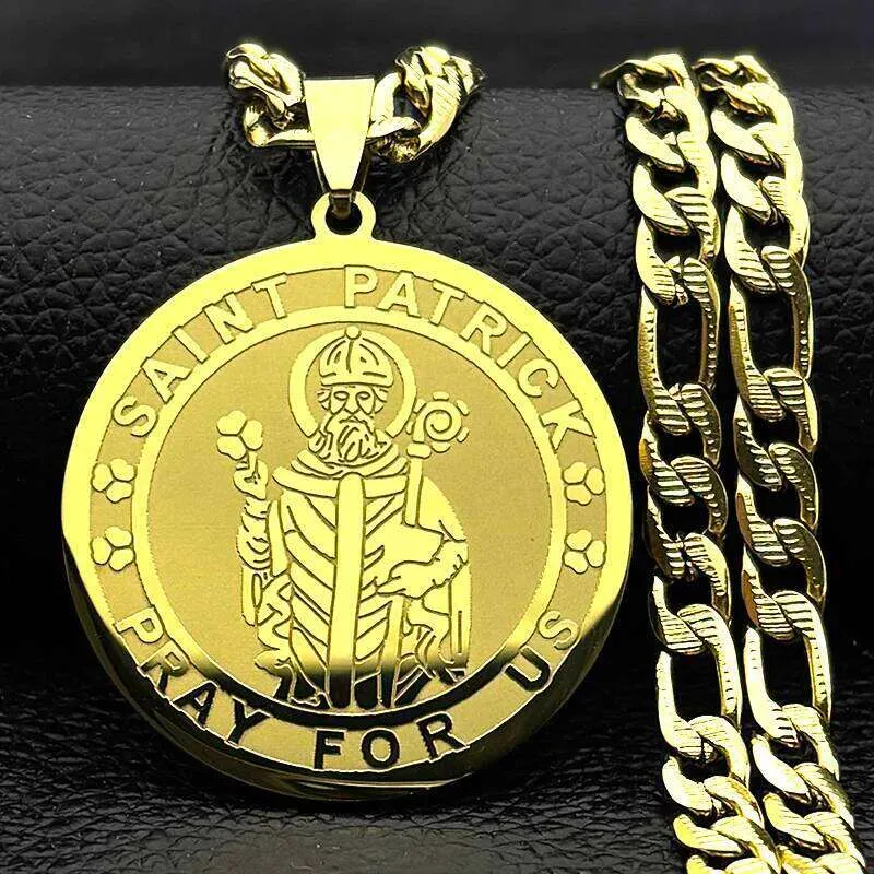 Saint Patrick Medal Pendant Necklace for Men Women Stainless Steel Gold ...