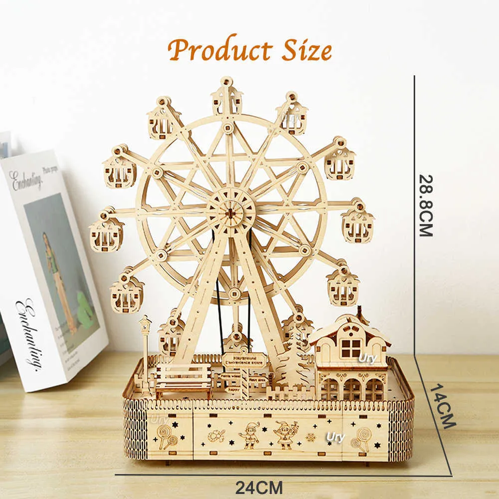 Wooden 3D Puzzle Rotatable Ferris Wheel Music Box Mechanical Kit DIY ...