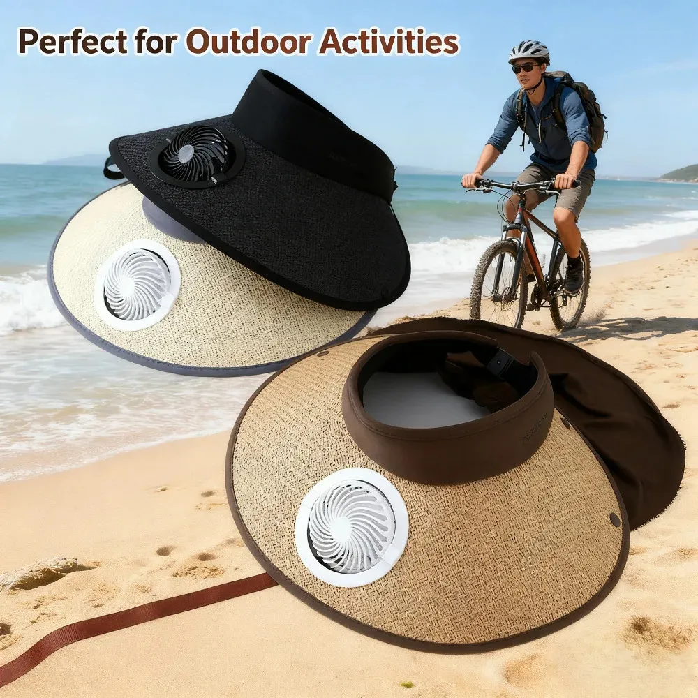 Wide Brim Sun Hat with Built-in USB Charging Fan Silk Knit Cowboy Style ...