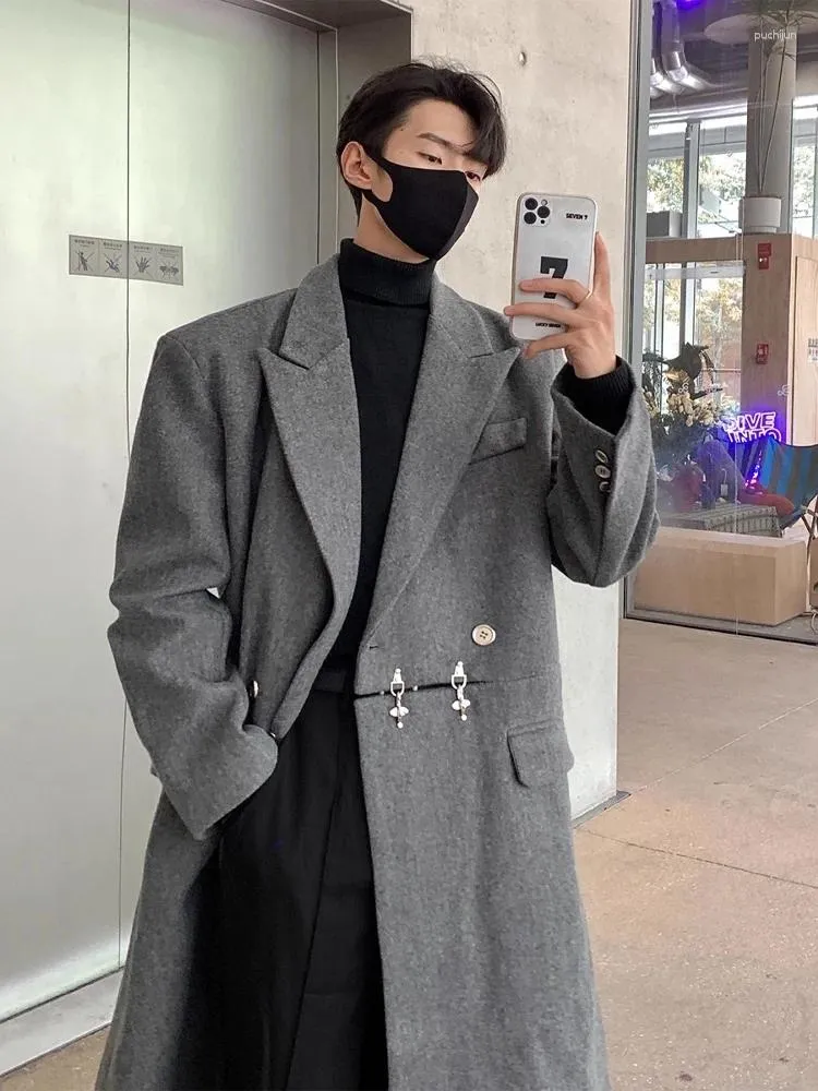 Men's Wool Long Coat Korean Style Single-Breasted Hooded Woolen ...