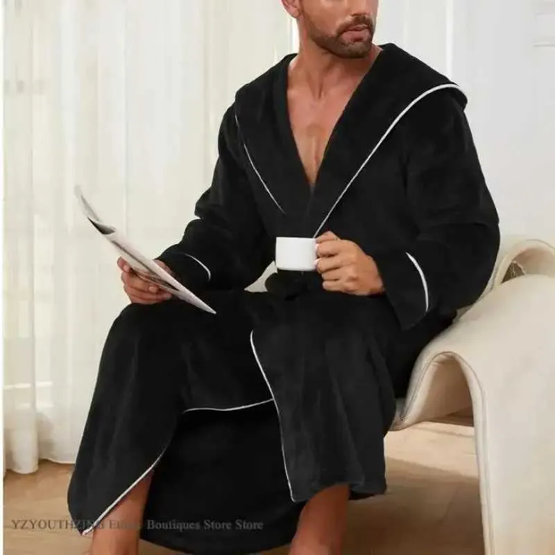 Mens Flannel Hooded Bathrobe Long Robe Kimono Gown Warm Coral Fleece ...