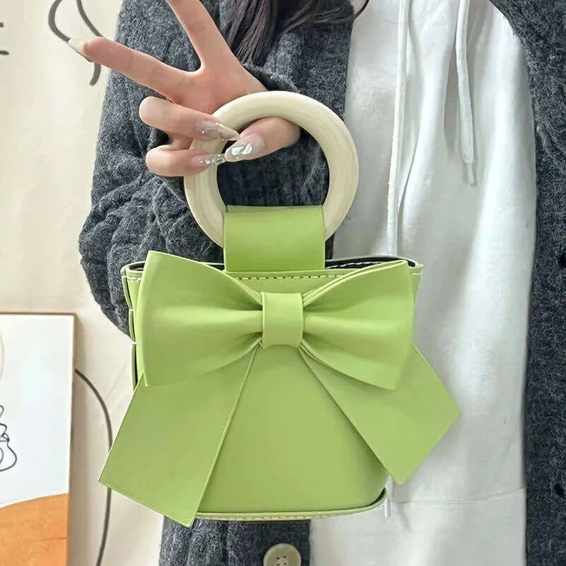 Handmade PU Crossbody Bucket Bag with Bow and Flap Pocket, Small 20-30 ...