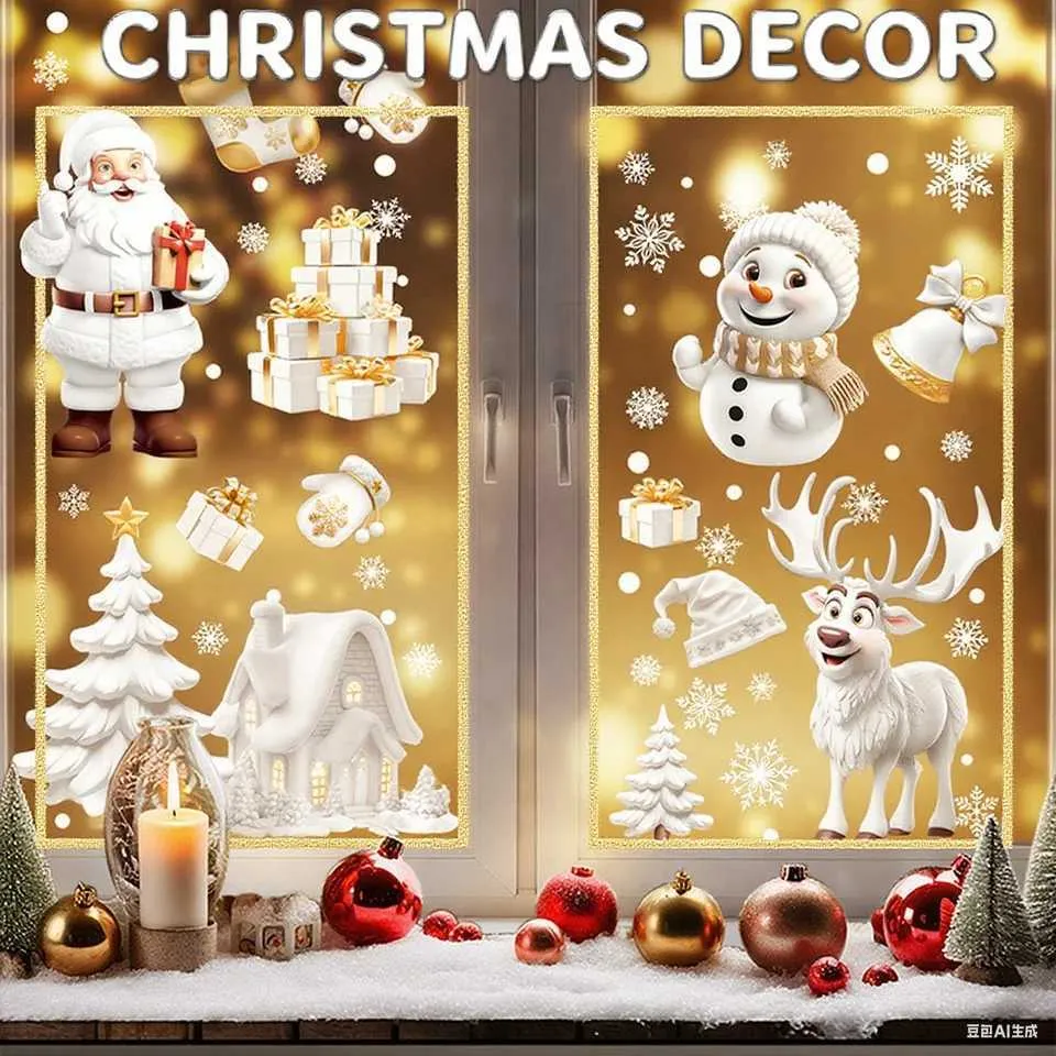 Christmas Window Clings Set PVC Santa Cabin Reindeer Snowman Snowflake ...