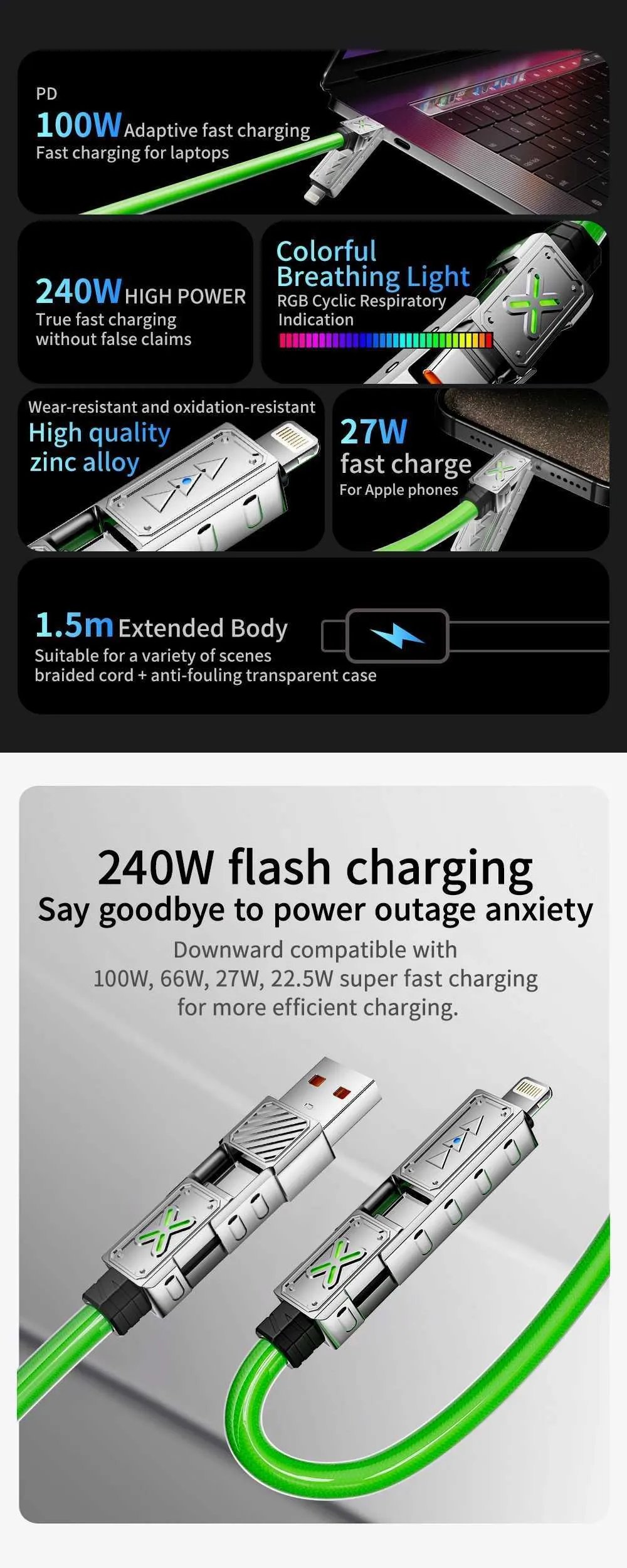 240W USB A to Lightning and Type-C Zinc Alloy Fast Charging Data Cable ...