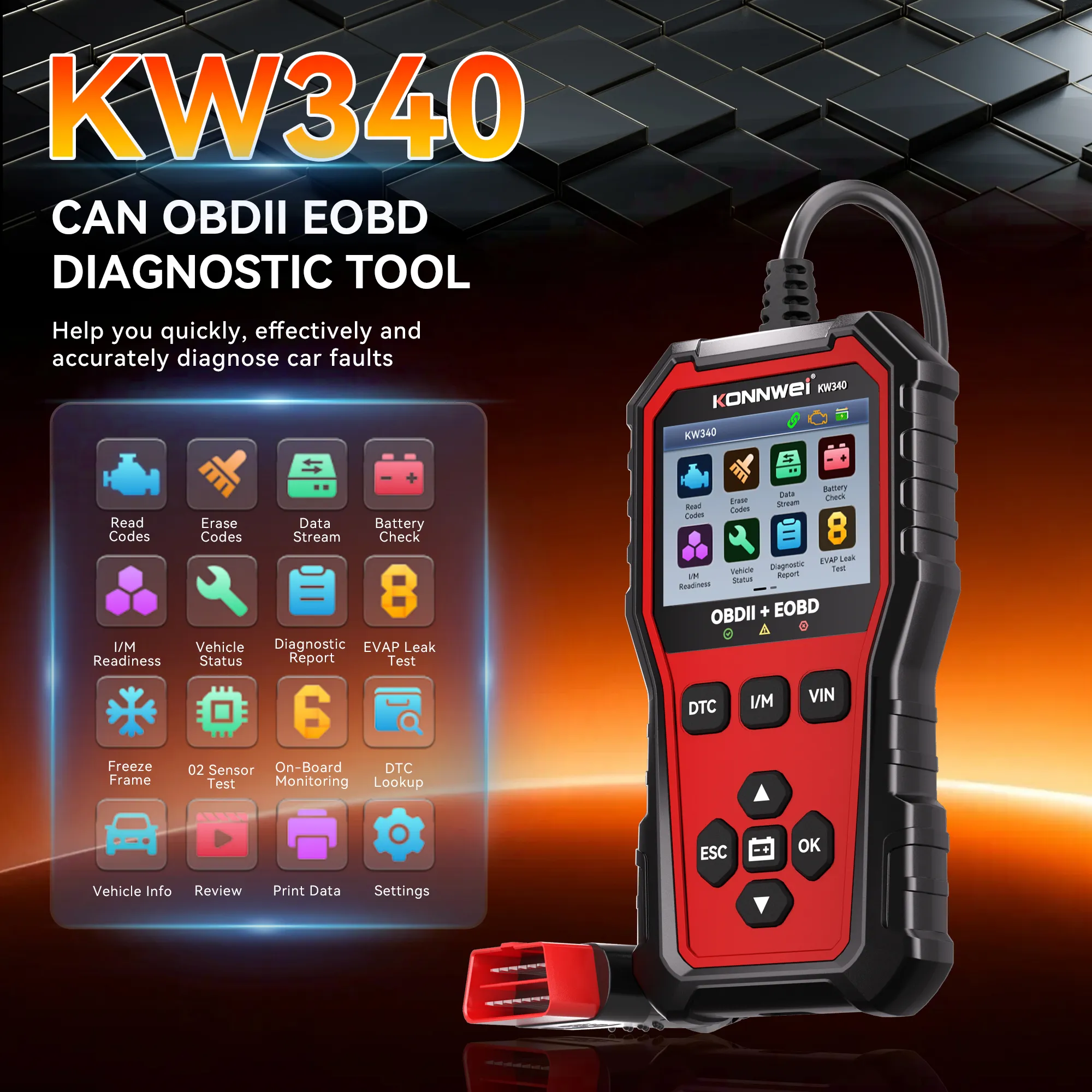 KONNWEi Car OBDII Diagnostic Tool Engine Fault Code Reader Battery Test ...