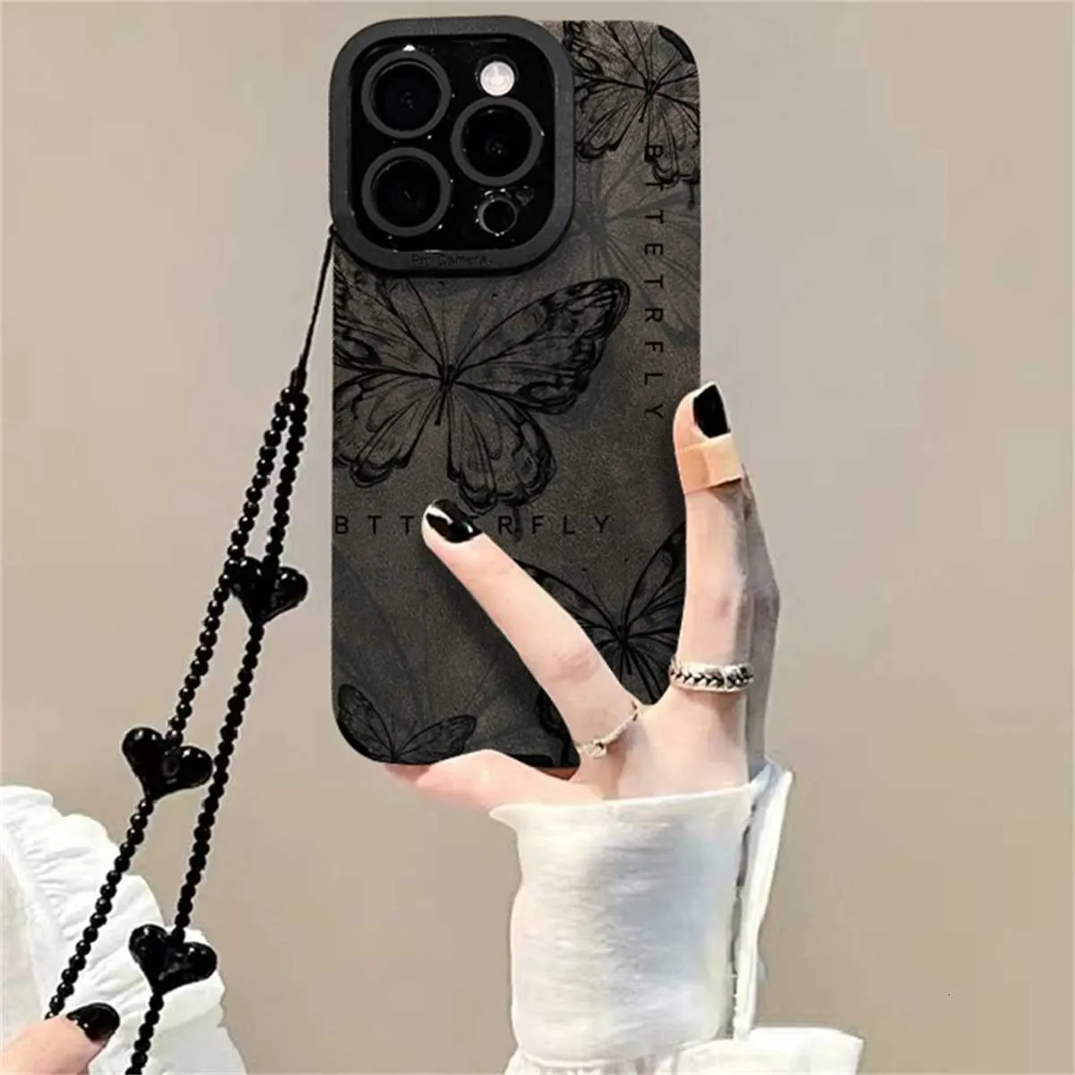 Retro Sketch Butterfly 3D Heart Lanyard Metal Phone Case for iPhone 16 ...